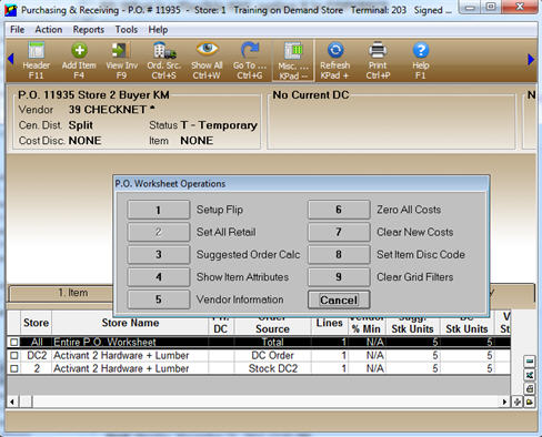 PO Worksheet: Set Up Options