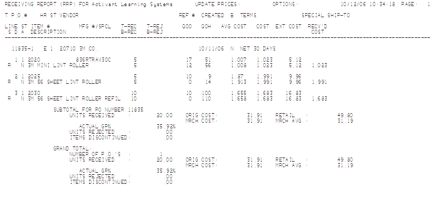 Receiving Report (RRP): Report Example