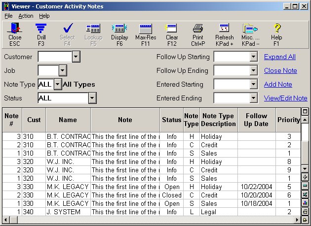 Customer Activity Notes: Viewing Notes