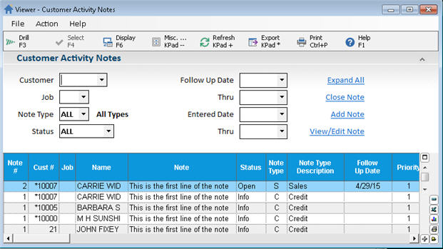 Customer Activity Notes: Viewing Notes