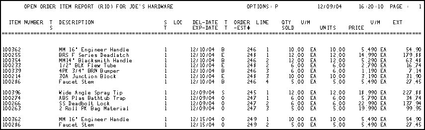 Open Order Item Report (RIO): Report Example
