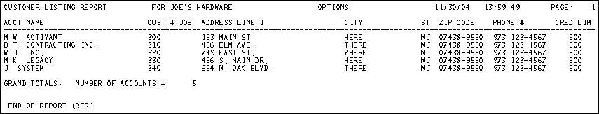 A/R Flexible Report (RFR) Report Sample